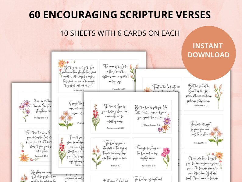 60 Encouraging Verse Cards, Printable Scripture Cards, Bible Memory ...