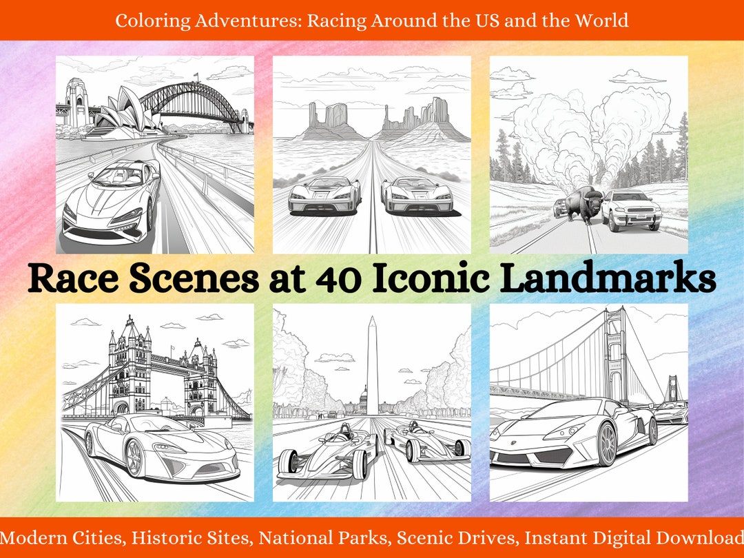 Race Cars Coloring Book | Racing Around 40 Iconic Landmarks in the US ...
