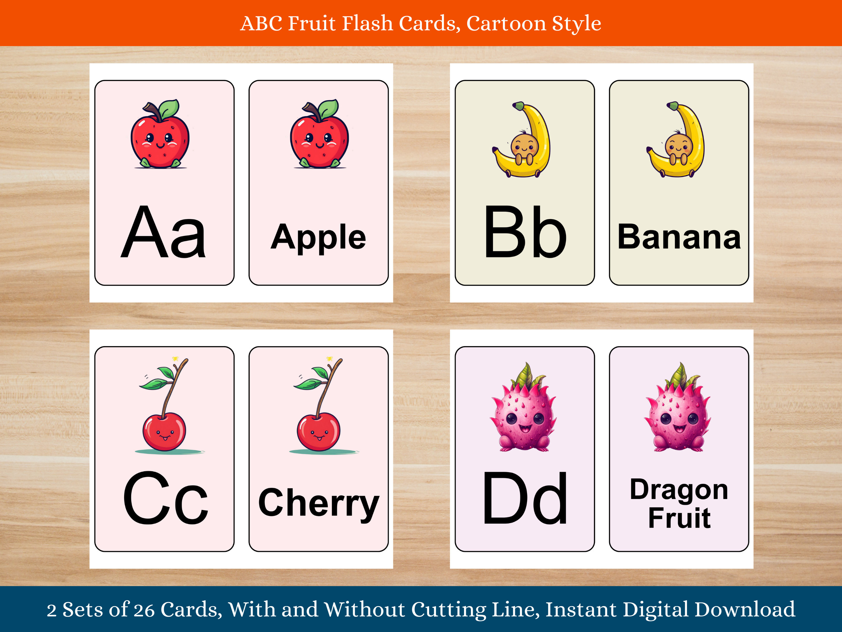 ABC Fruit Flash Cards Cartoon Style - Etsy