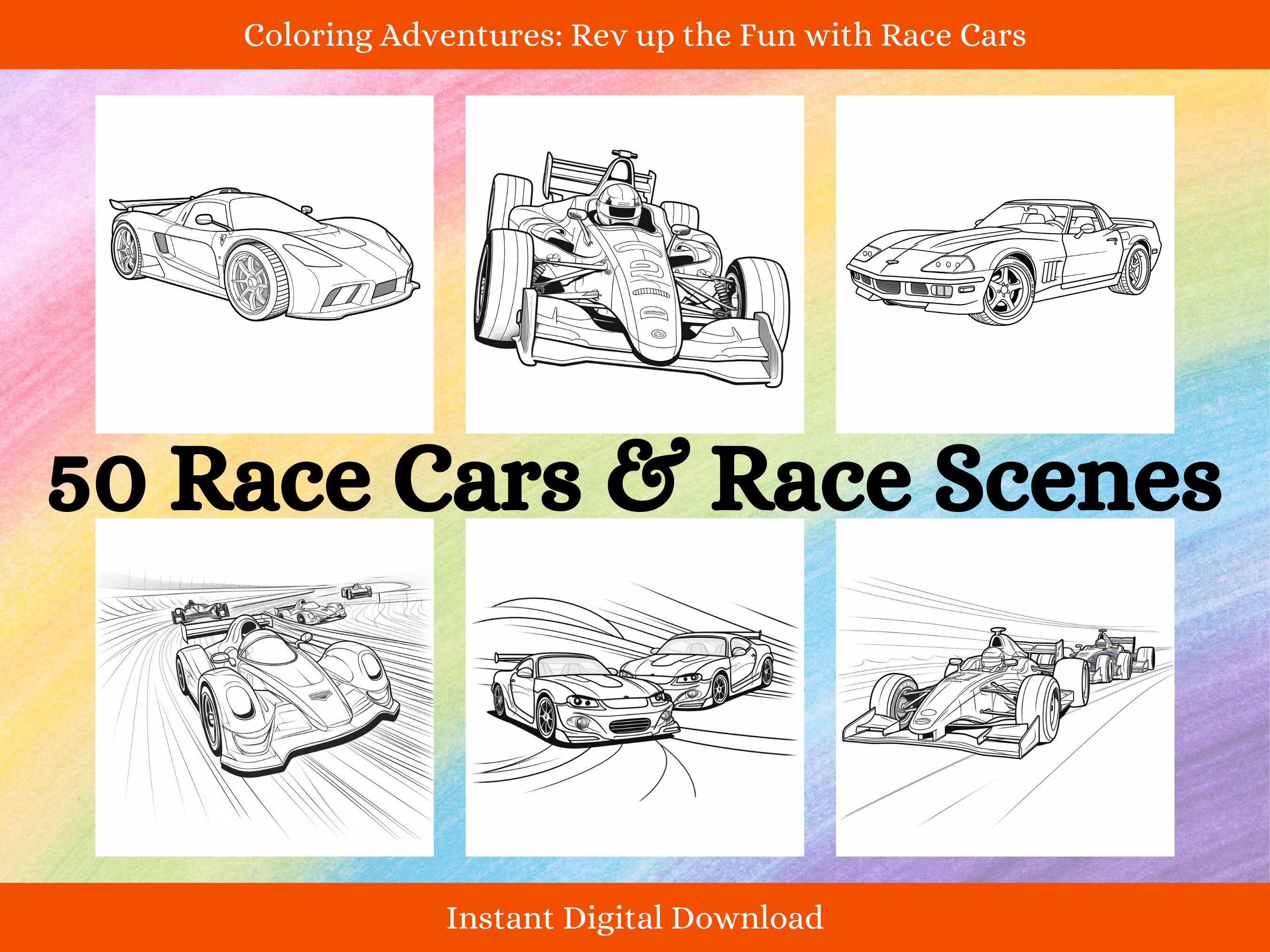 Race Cars Coloring Book | 50 Pages of Single Car Illustrations and ...