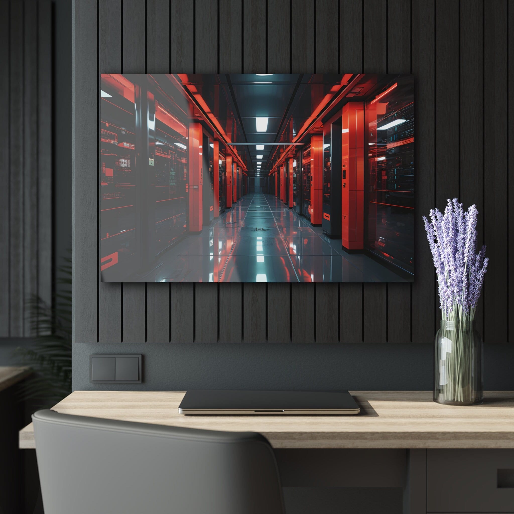 Server Room Wall Art With Red Accents Acrylic Glass Futuristic Tech ...
