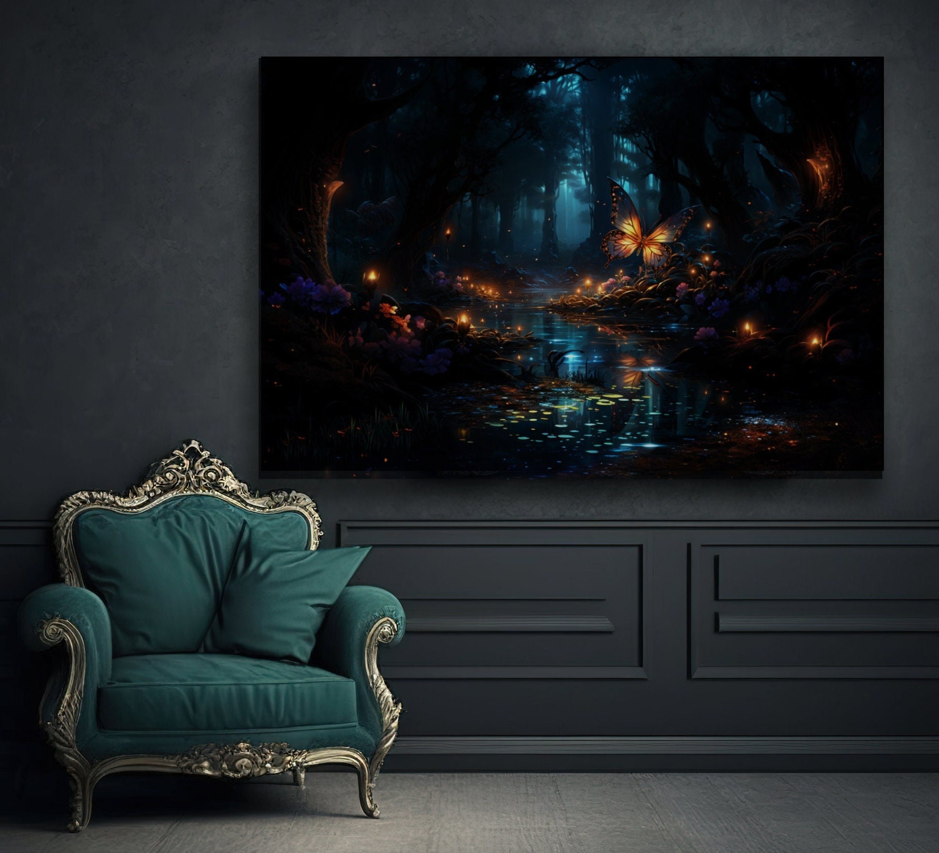 Mystical Fantasy Forest at Night Fireflies Canvas Art Butterfly Artwork ...