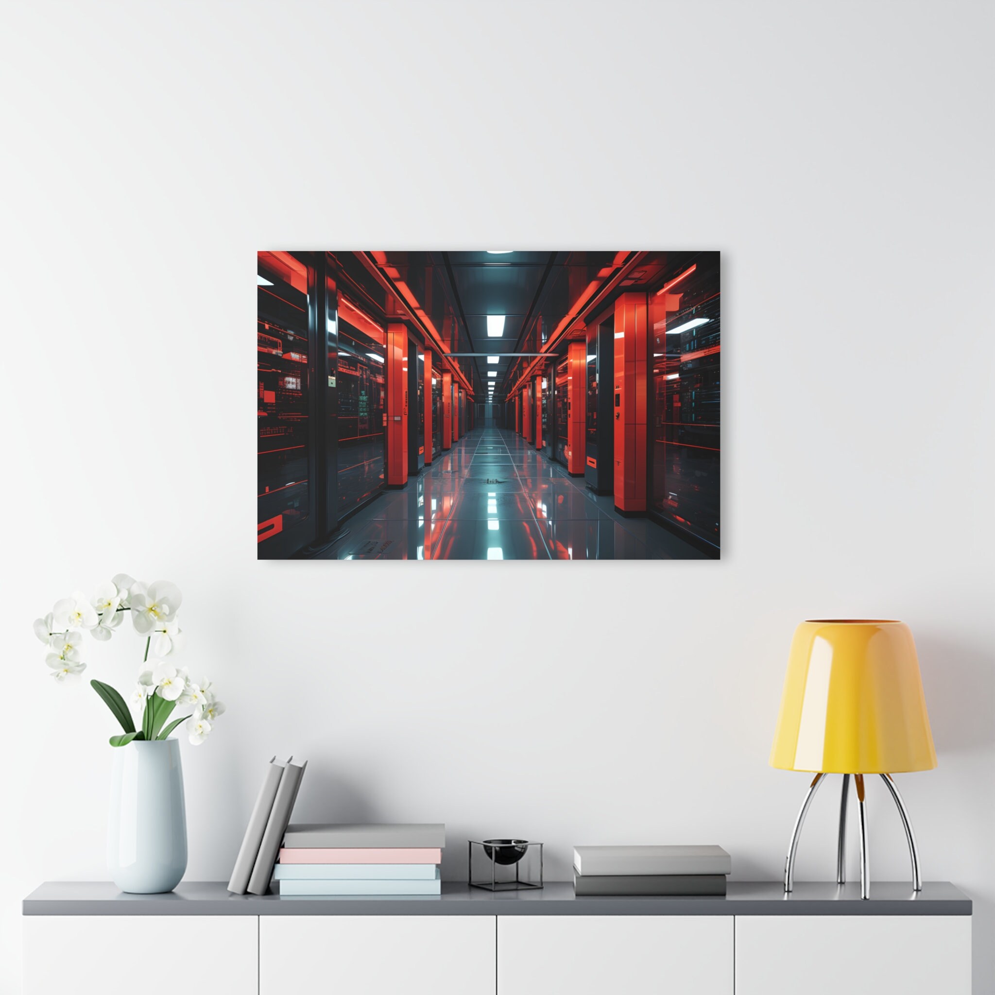 Server Room Wall Art With Red Accents Acrylic Glass Futuristic Tech ...