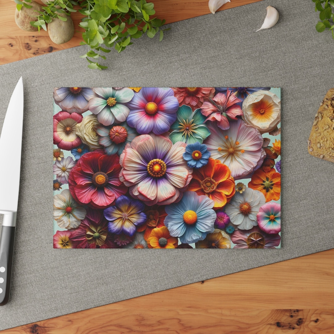 Colorful Floral Glass Cutting Board 8x11 or 11x15 Tempered Textured ...