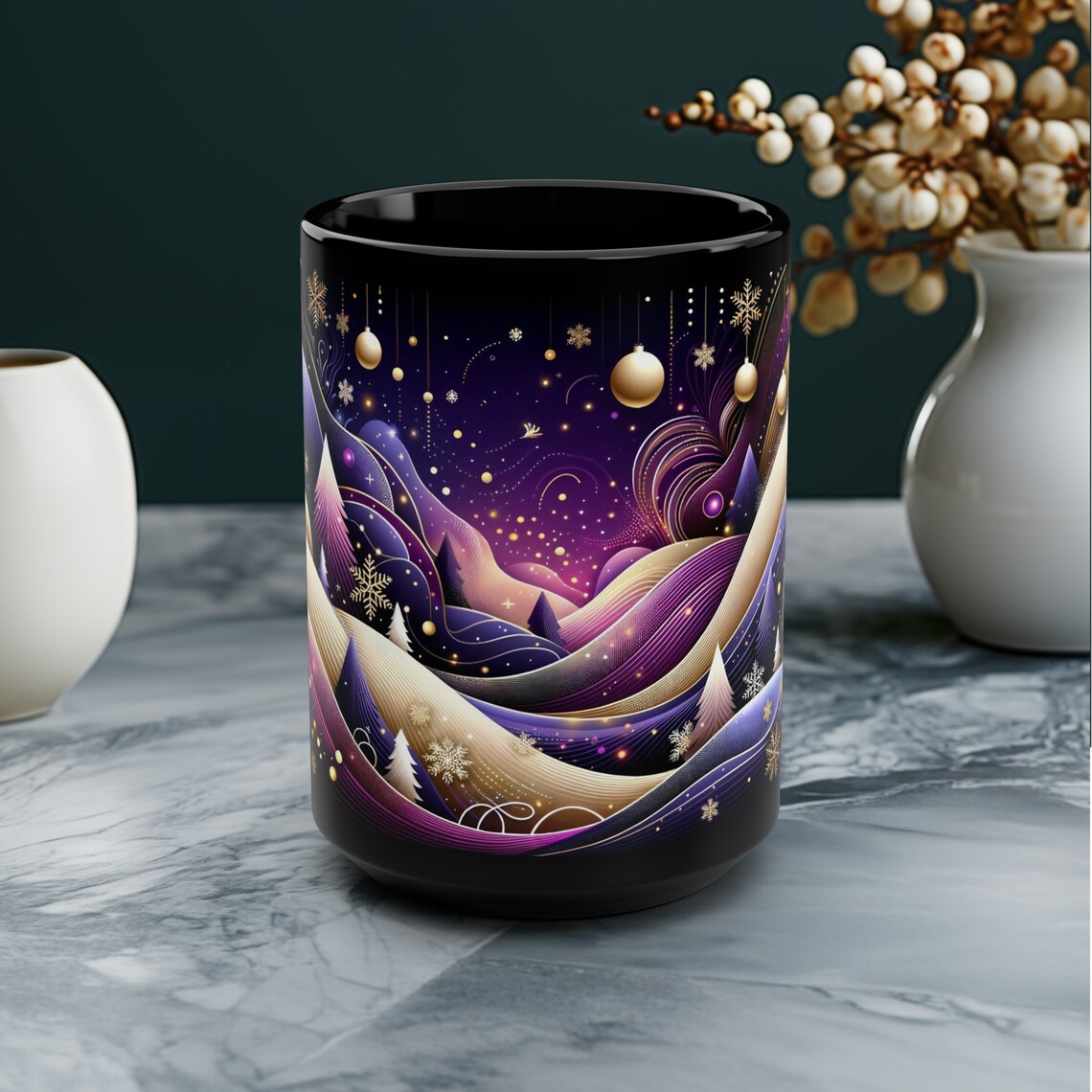 Mona Vasarelli Jumbo 15oz Winter Coffee Mug Contemporary Snow Pattern Design Festive Design ...