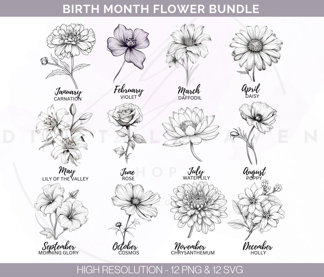 Birth Month Flower Bouquet Svg Bundle, Birth Month Flower, Flower Svg ...
