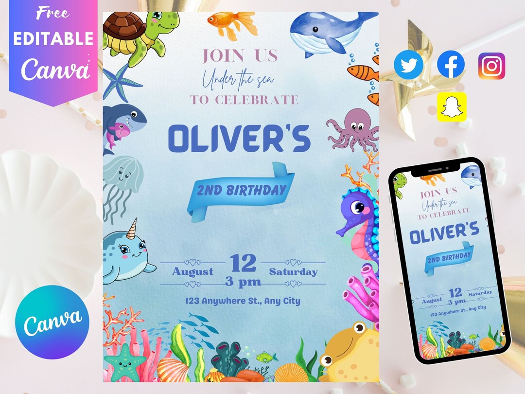 Editable Sea Animals Party, Under the Sea Birthday Invitation, Ocean ...