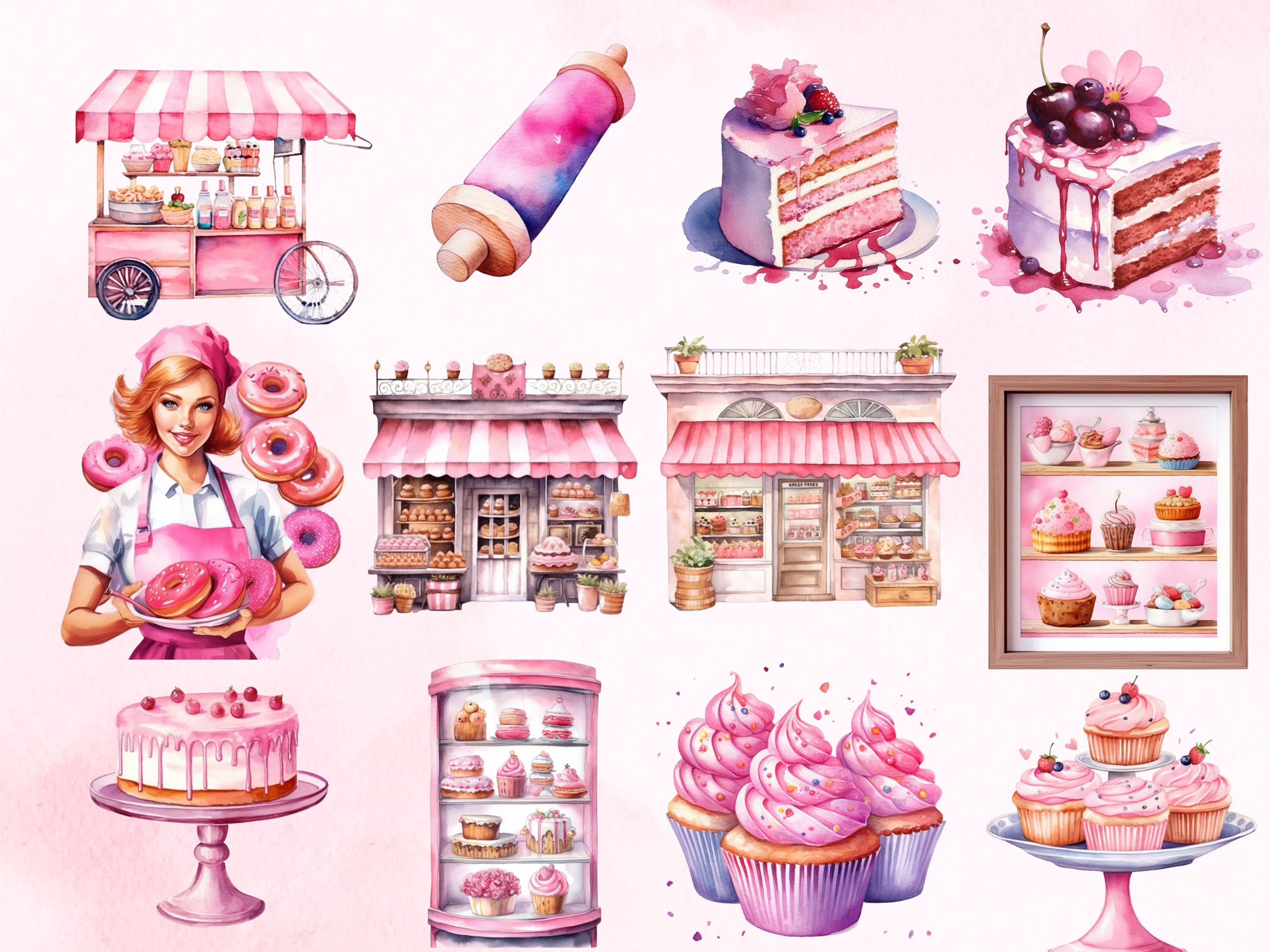 Watercolour Pink Sweet Treats Clipart, PNG Digital Image Downloads for ...
