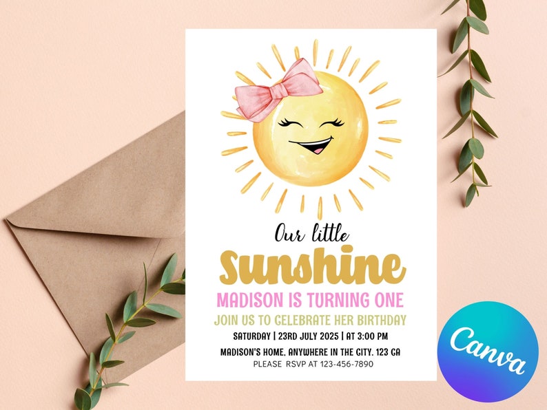 Editable Sunshine Birthday Invitation Template, Our Little Sunshine ...