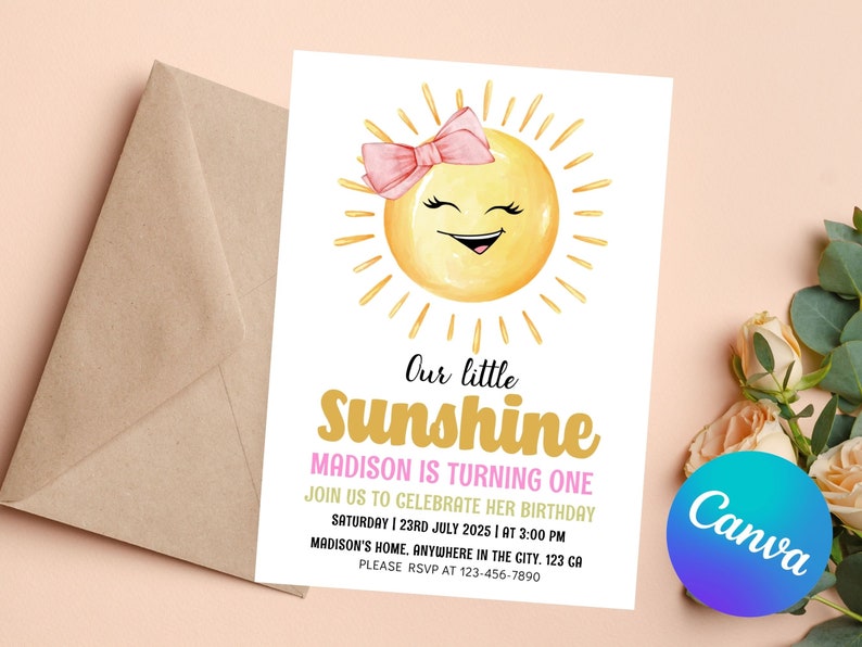 Editable Sunshine Birthday Invitation Template, Our Little Sunshine ...