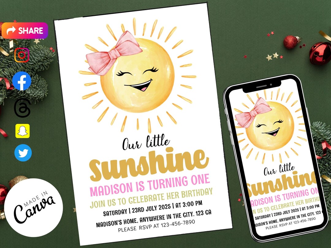 Editable Sunshine Birthday Invitation Template, Our Little Sunshine ...