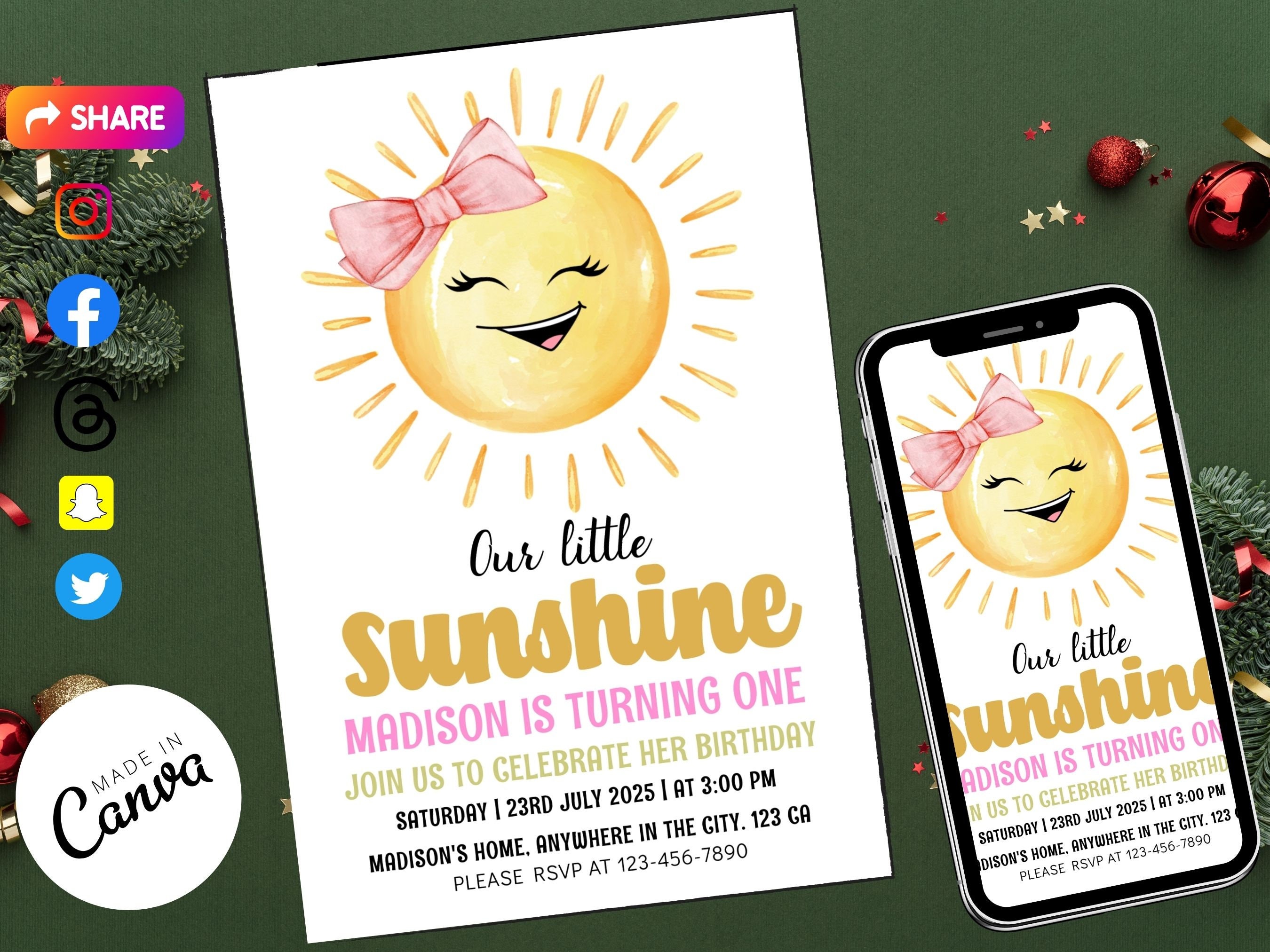 Editable Sunshine Birthday Invitation Template, Our Little Sunshine ...