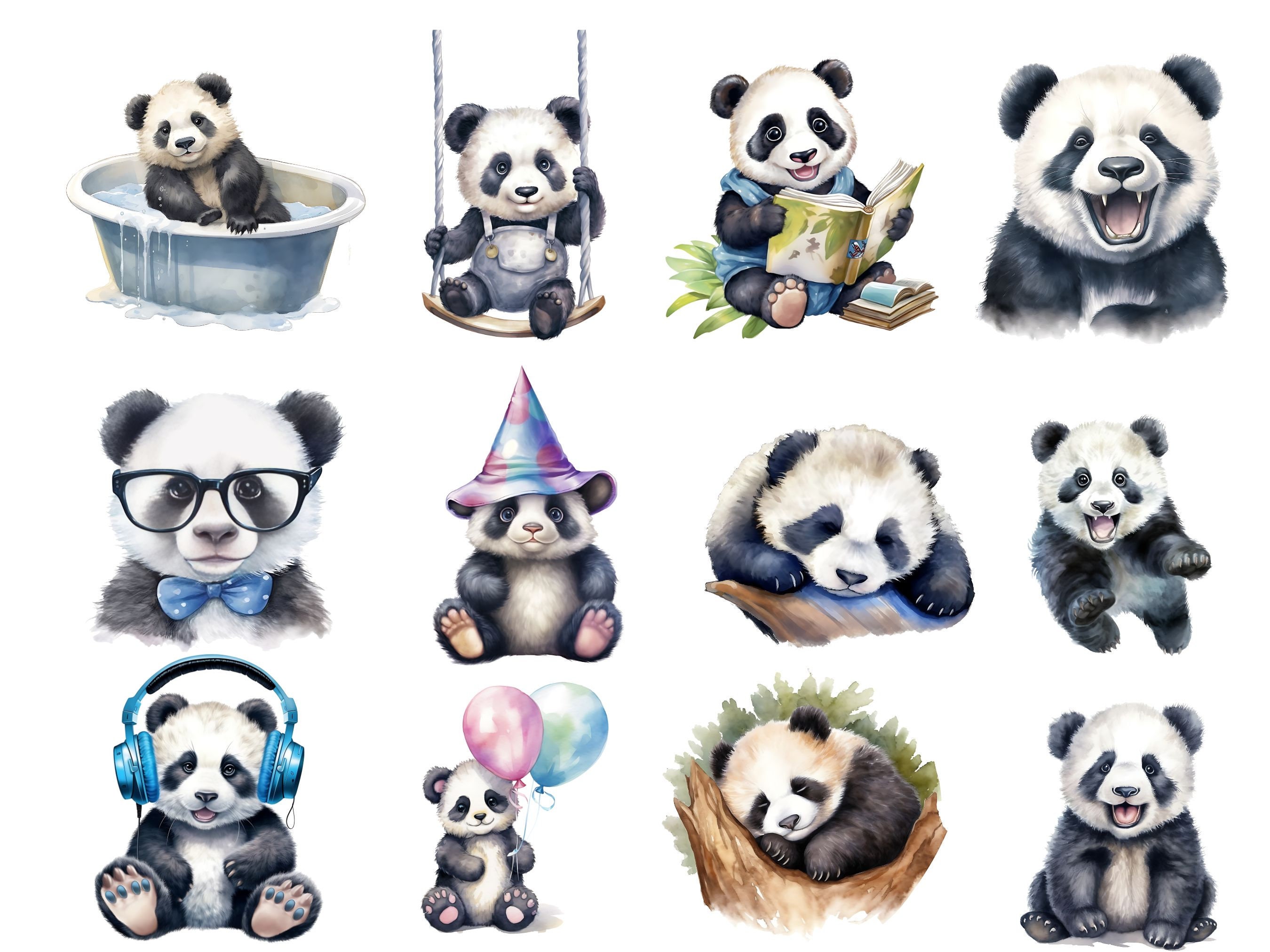 Watercolor Happy Panda Clipart Cute Panda Clipart Bundle - Etsy