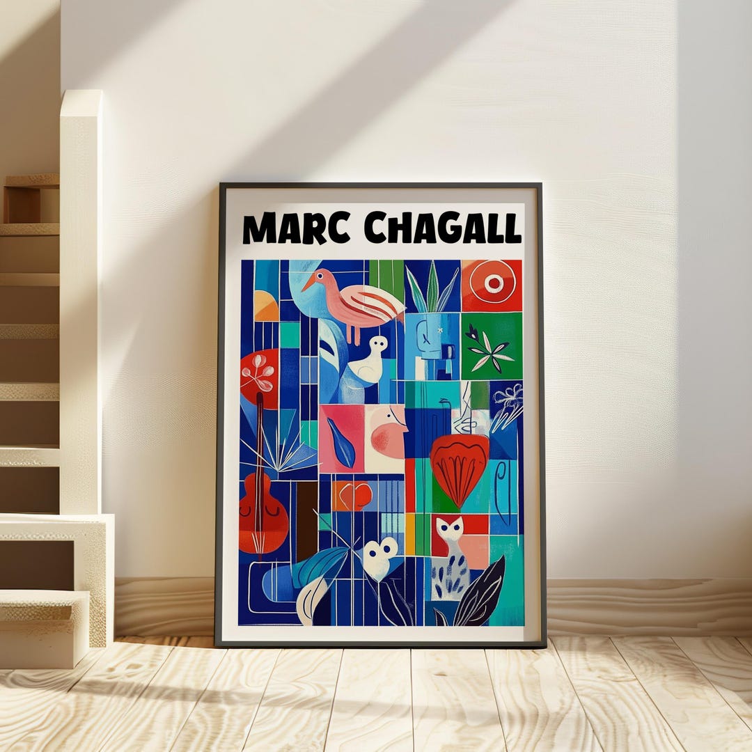 Marc Chagall Inspired Cubism Art Poster Abstract Birds Plants Vibrant ...