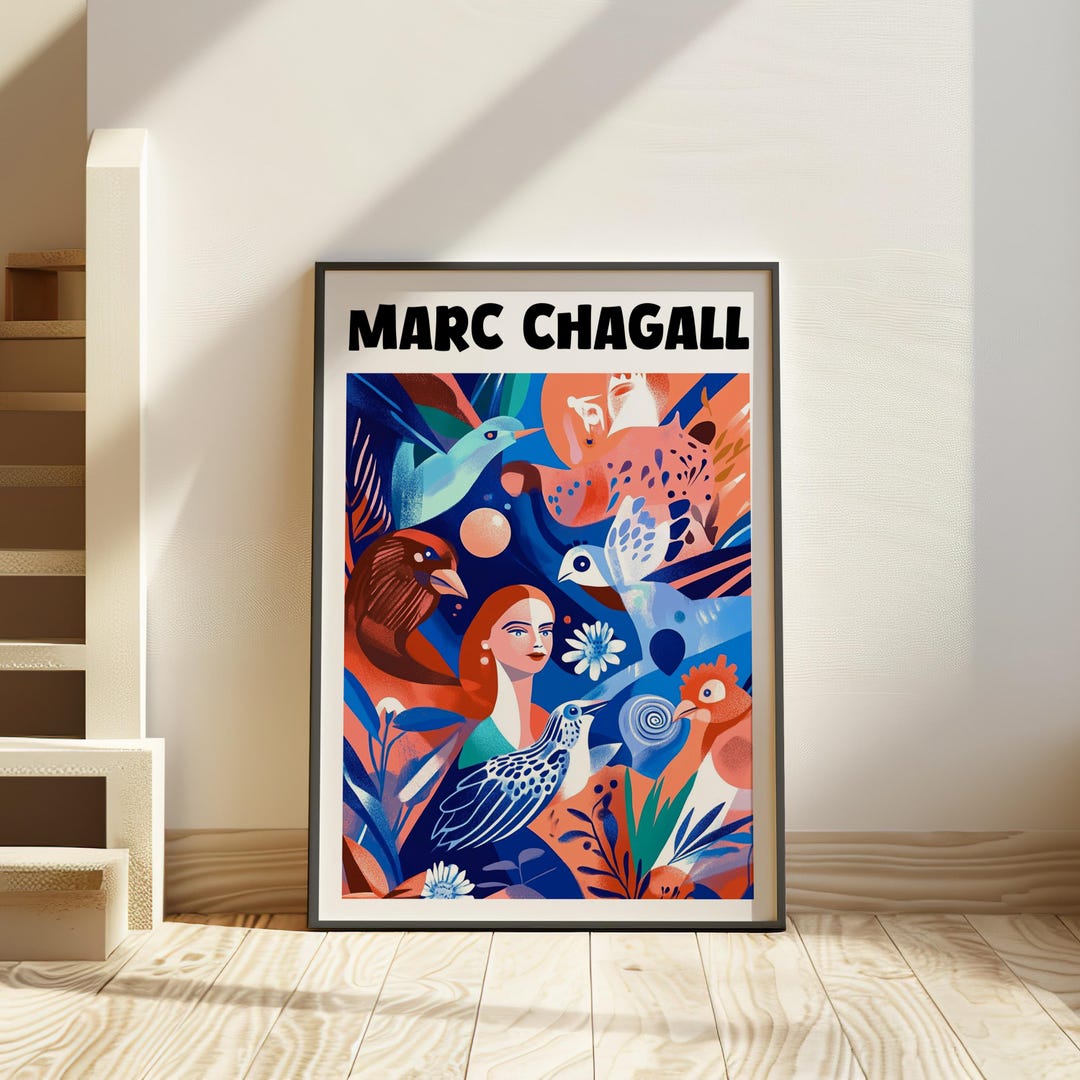 Marc Chagall Inspired Cubism Art Poster Enchanting Birds and Woman ...