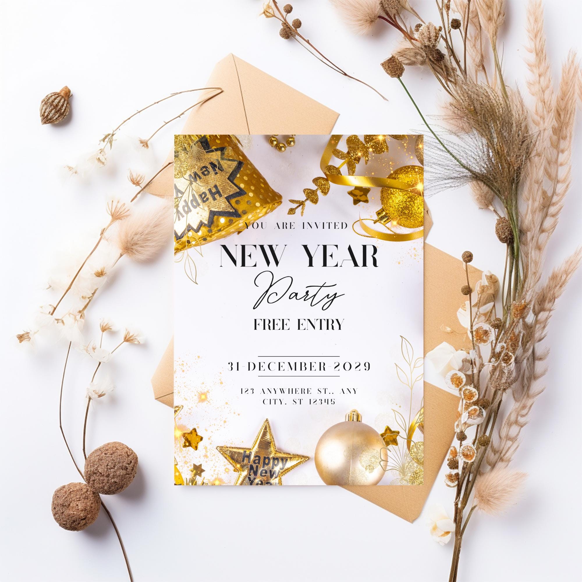 Elegant New Year Party Invitation Card, Celebratory Invite, Festive ...