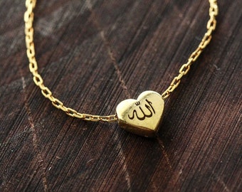Allah Calligraphy Gold Heart Necklace, Dainty Allah Necklace, Islamic ...