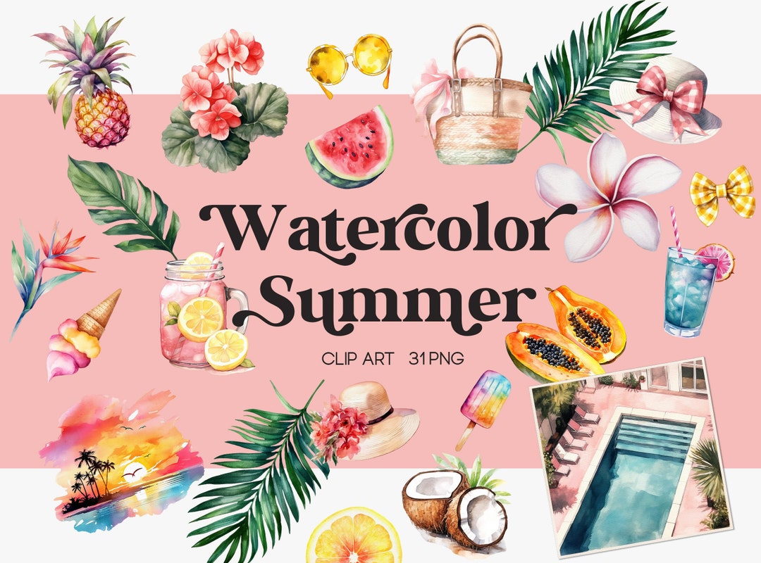 Watercolor Summer Clipart, 31 Png Commercial Use, Summer Graphics ...