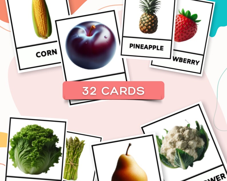 Fruit & Vegetable Flashcards Montessori 3 Part Cards Toddlers ...