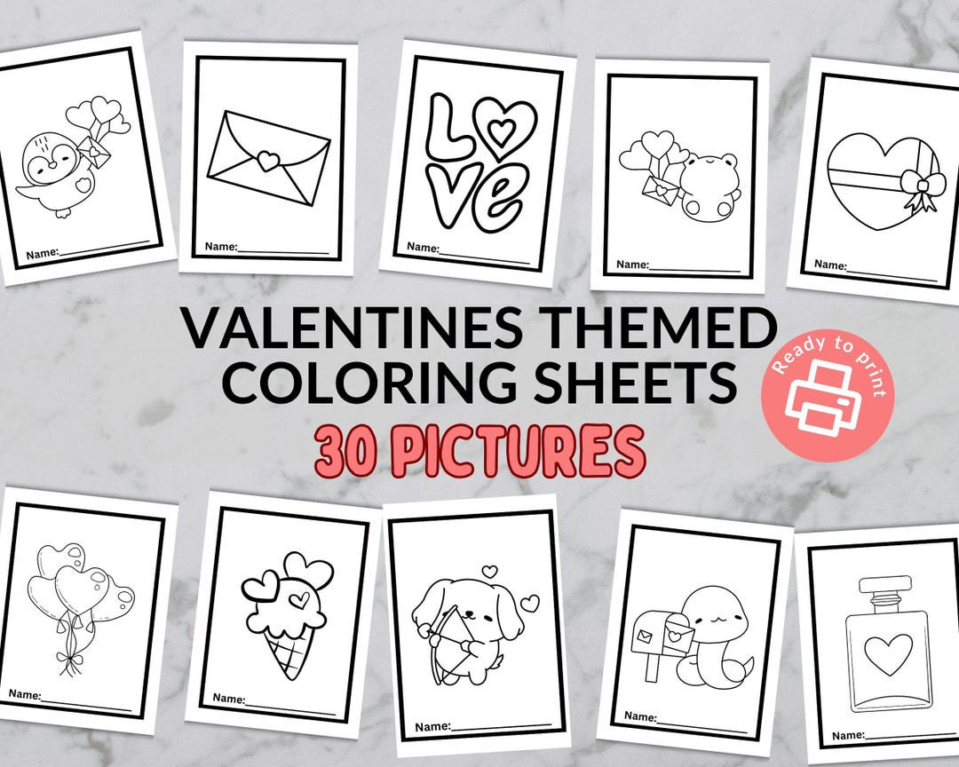 Valentines Themed Coloring Sheets - 30 Coloring Book Pages for Toddlers ...