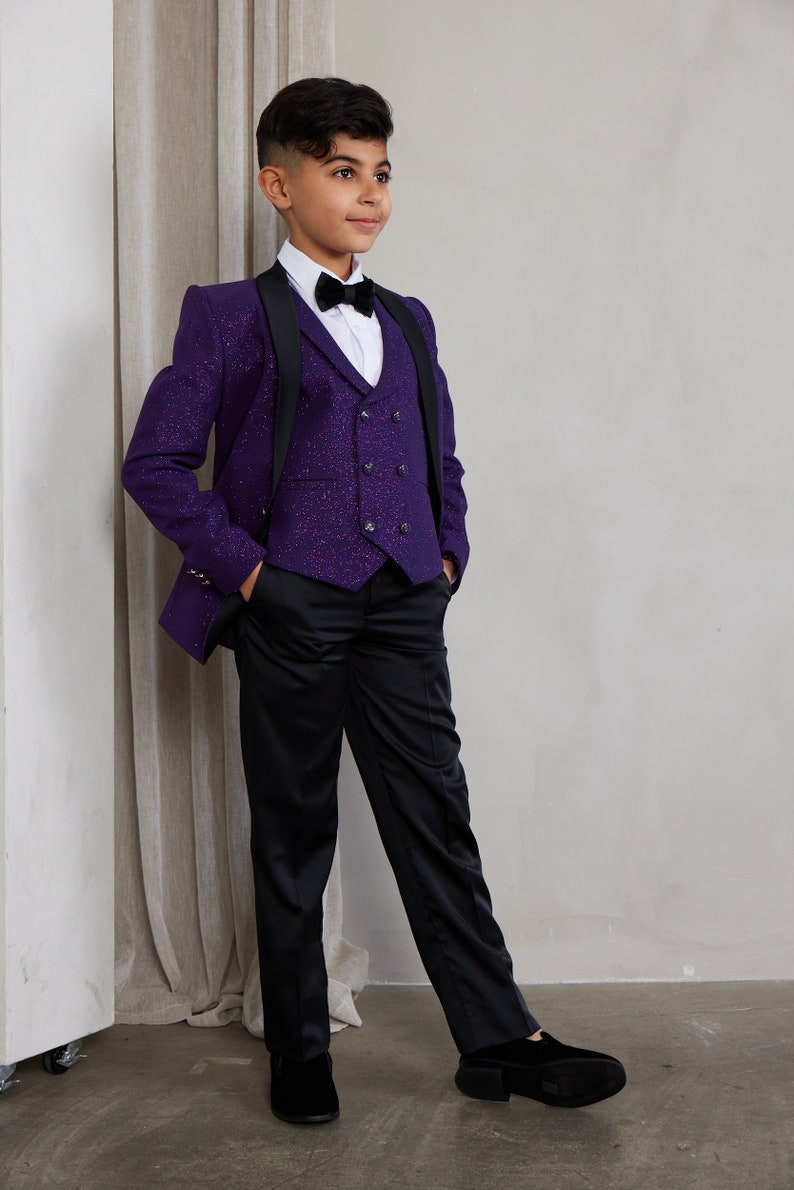 Boy's 5-pieces Slim Fit Purple Fashion Sequin Tuxedo Set Perfect for ...