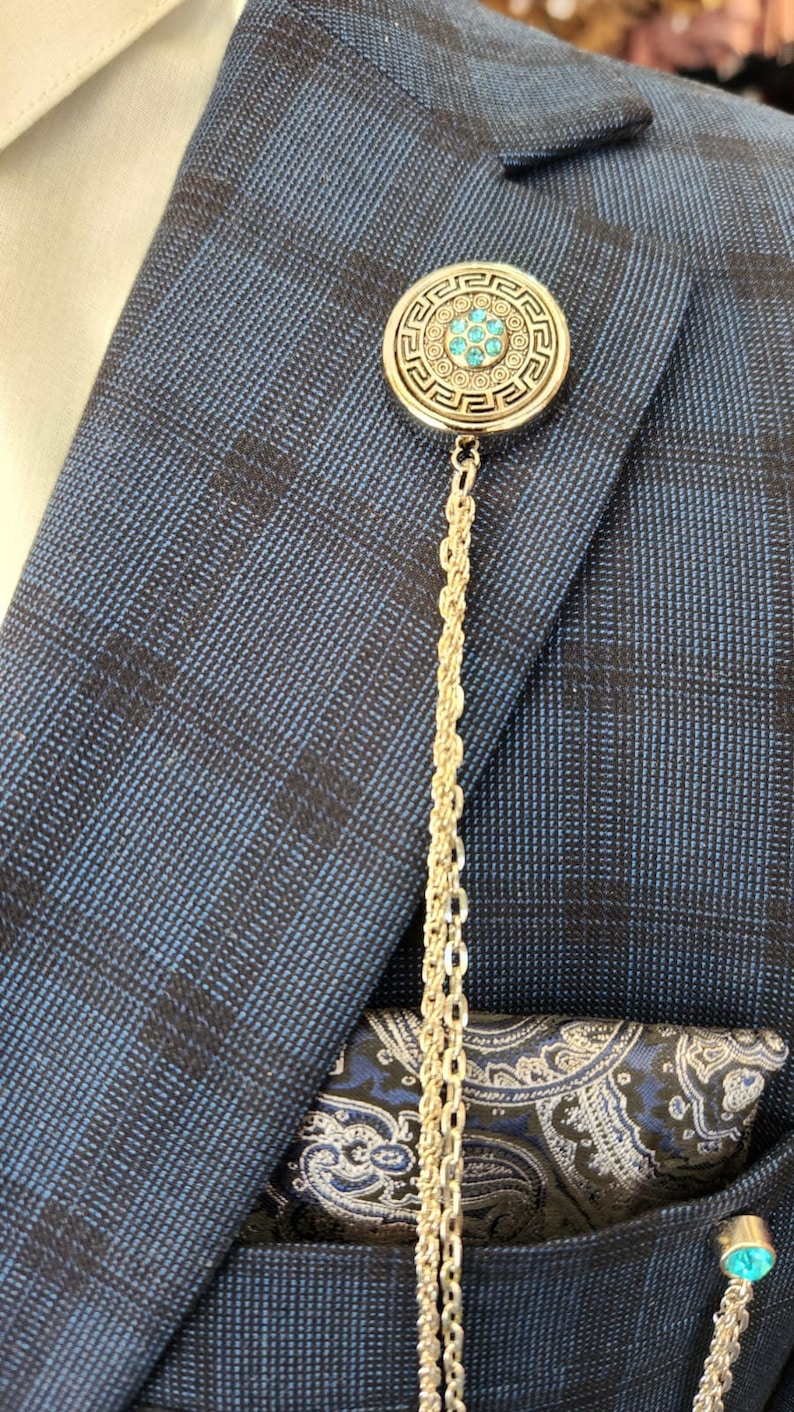 Chain Lapel and Gem Brooch Pin Set silver Chain and Turquoise Gemstone ...