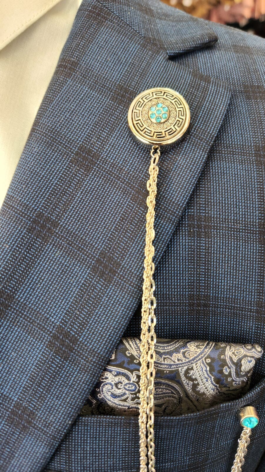 Chain Lapel and Gem Brooch Pin Set silver Chain and Turquoise Gemstone ...