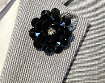 Men's Black Flower Lapel Pin Kanzashi Brooch Boutonniere for Men's Suit ...