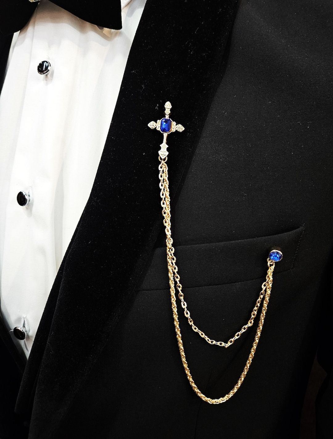 Chain Lapel and Gem Brooch Pin Set gold Chain and Blue Stone - Etsy