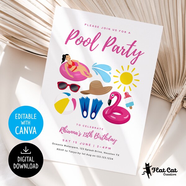 15th Birthday Invitation Pool Party - Etsy