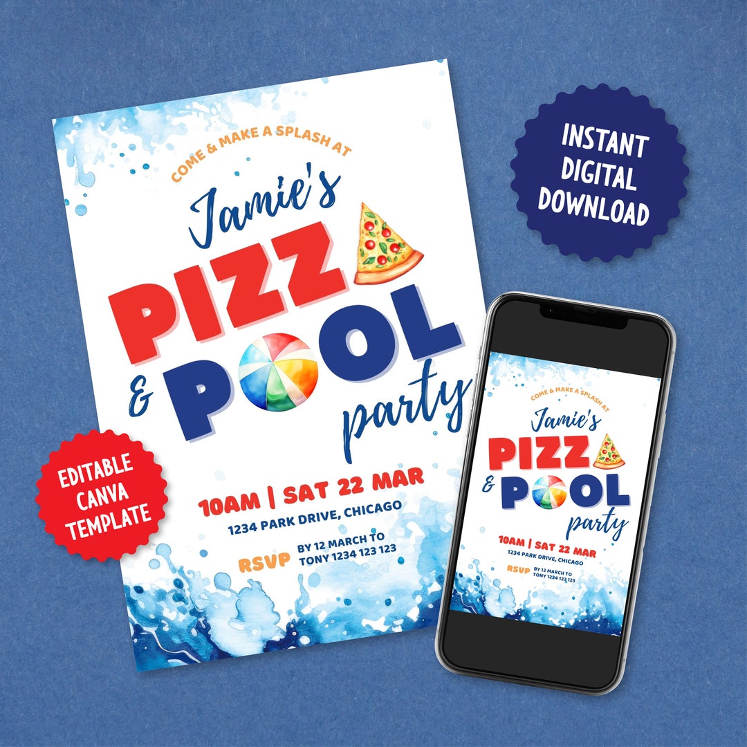 Pizza & Pool Party Invitation, Birthday Pool Party, End of Year ...