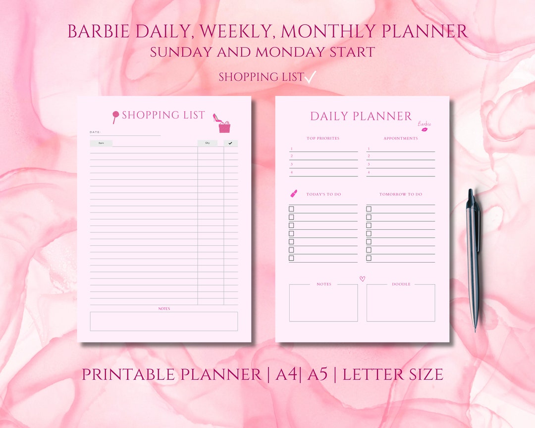 Barbie Printable Planner Pink Daily Weekly Template Digital - Etsy