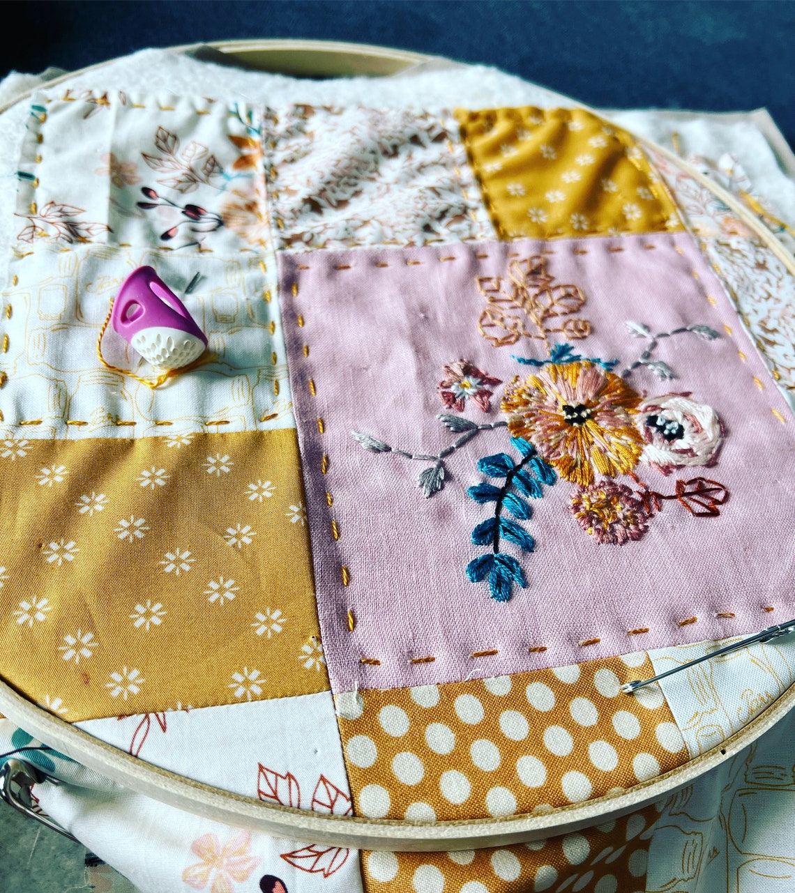 Gold and Pink Hand-embroidered Mini Quilt - Etsy