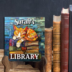 Cat Stack of Books Personalized Library Sign Catful Bookful Gift for ...