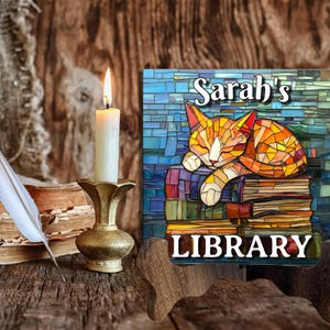 Cat Stack of Books Personalized Library Sign Catful Bookful Gift for ...