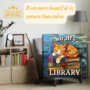 Cat Stack of Books Personalized Library Sign Catful Bookful Gift for ...