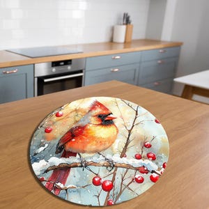 Cardinal on Winter Branch Glass Cutting Board 8-inch Round Trivet ...