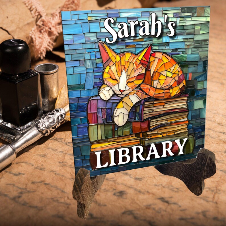 Cat Stack of Books Personalized Library Sign Catful Bookful Gift for ...