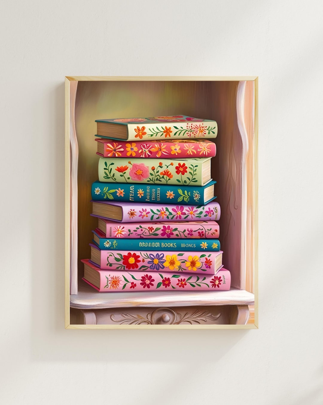 Pastel Book Stack Painting | Whimsical Bookshelf Wall Art & Reading ...