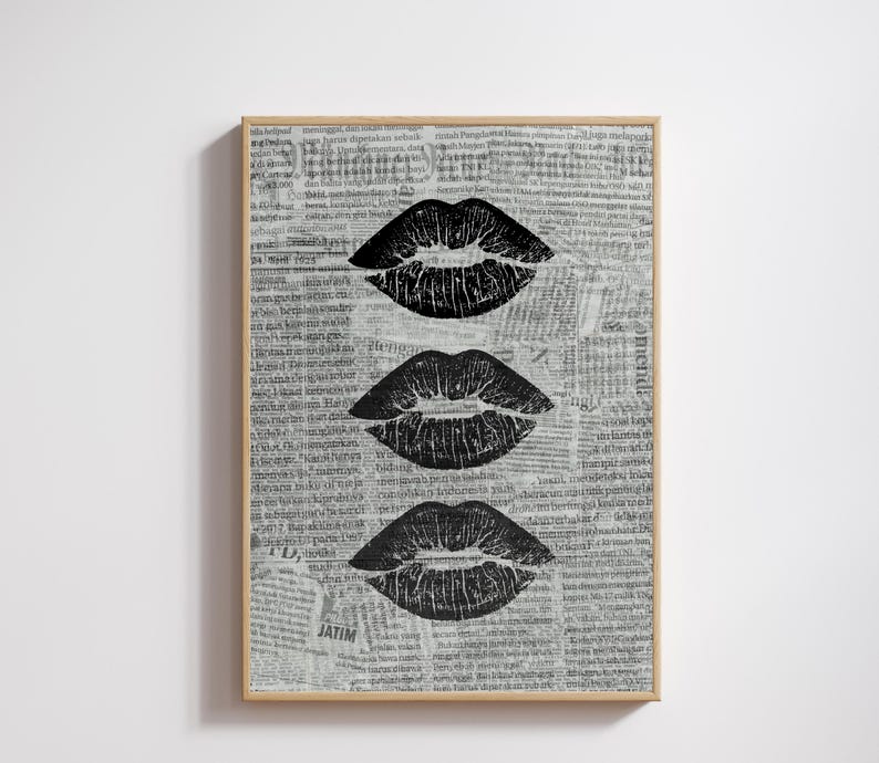 Lips Poster,newspaper Poster, Gift Lips Wall Art,kisses Poster,black ...