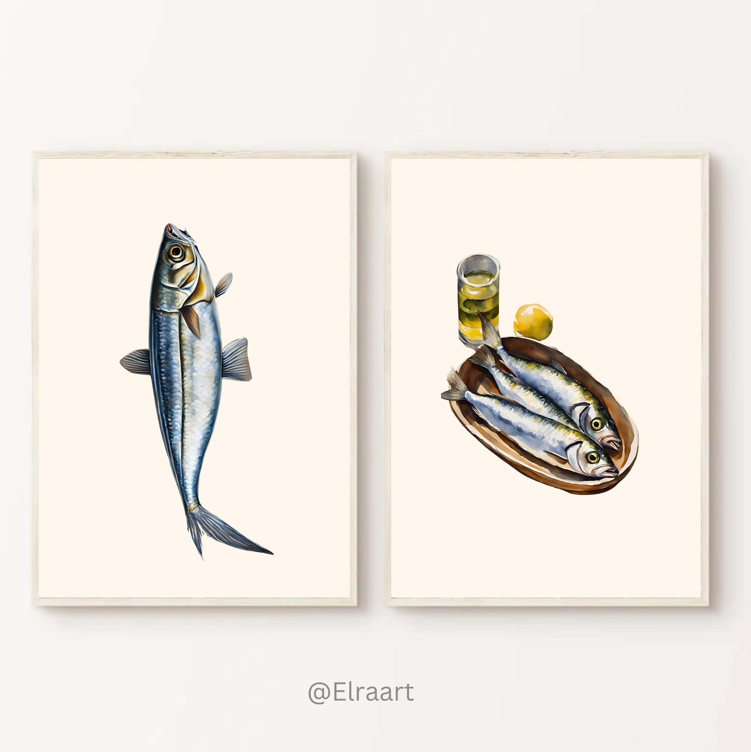 Set of 4 SARDINES Art Print - Sardine Print - Sardine Plate - Sardine ...