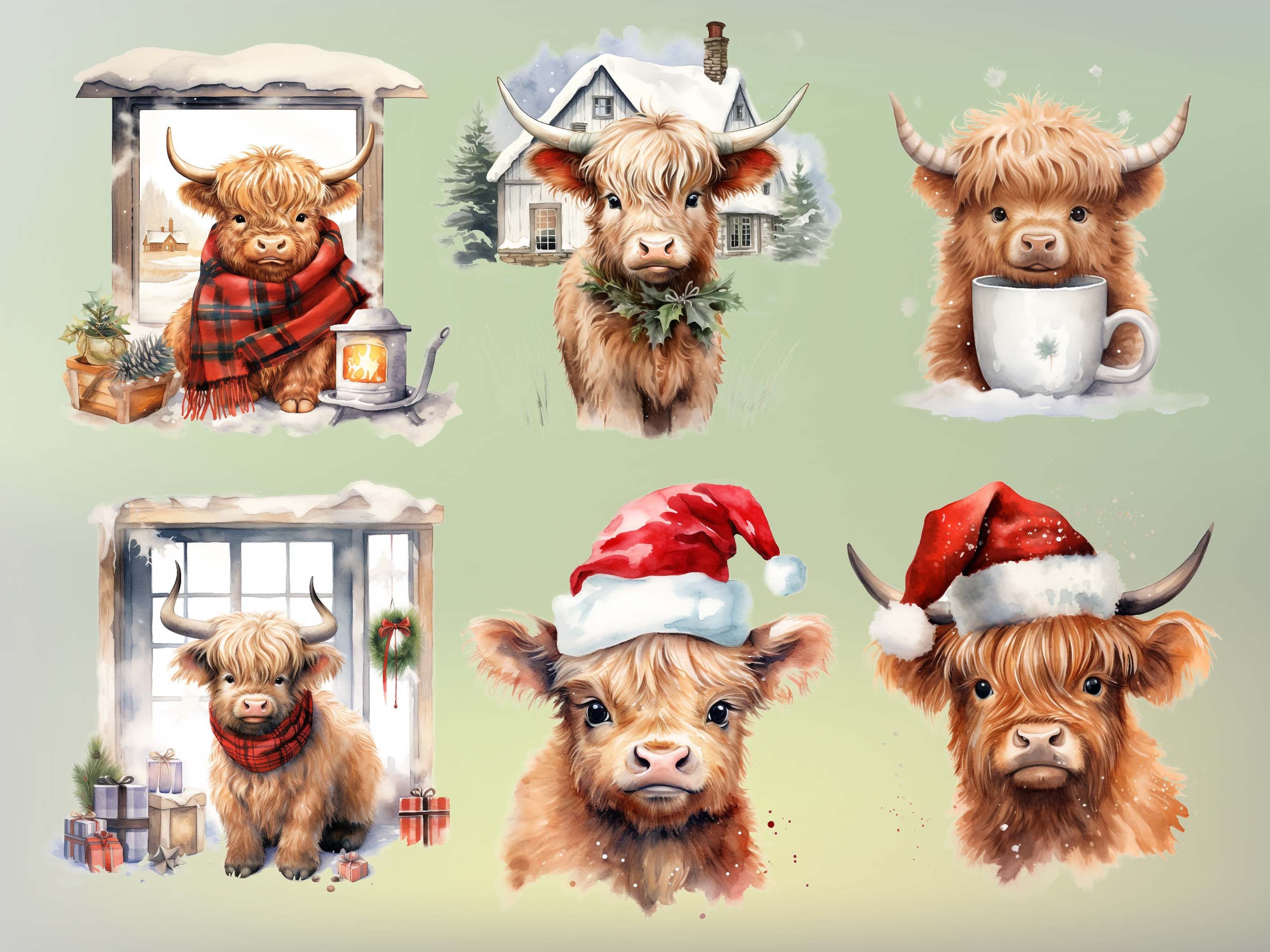 Watercolor Christmas Highland Cows Clipart Bundle 20 PNG Graphics for ...