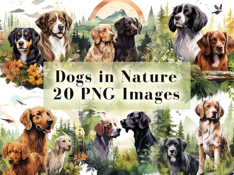 Dogs in Nature Clipart Bundle, Set of 20 Watercolor Dog PNG, Dog ...
