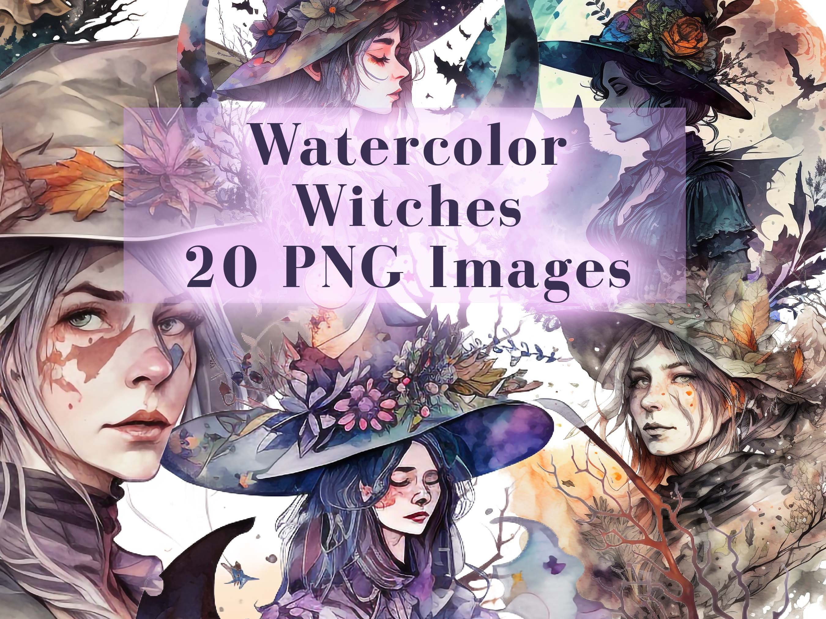 Watercolor Witch Clipart Bundle, 20 Fantasy PNG Witchcraft Clip Art ...