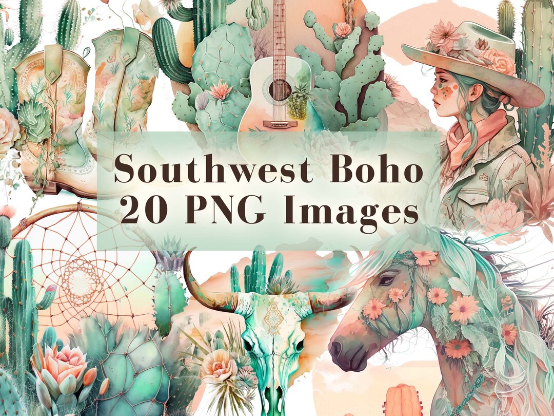 Watercolor Southwest Boho Clip Art Bundle - 20 PNG Graphics, Bohemian ...