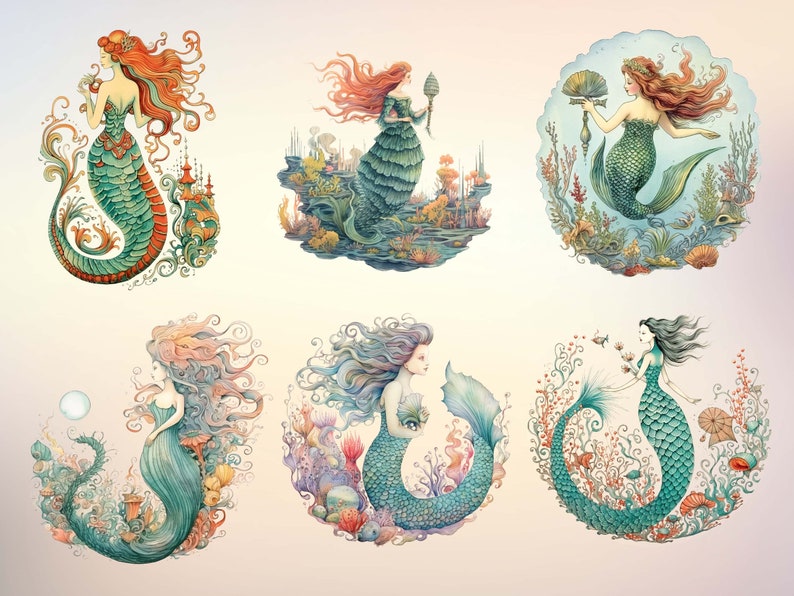 Vintage Mermaid Clipart - 20 Magical Enchanting Mermaid Illustrations ...