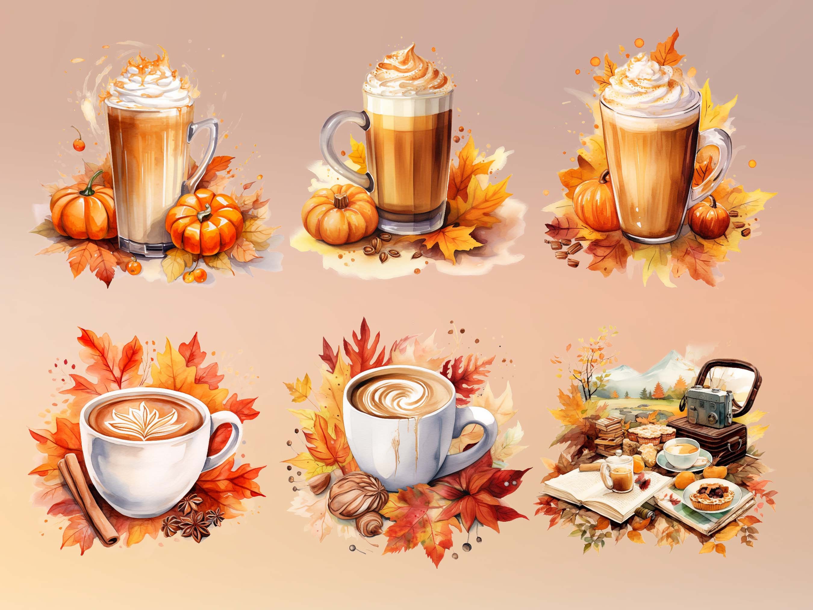 Watercolor Coffee Clipart Bundle 20 PNG, Fall Coffee Drinks Clipart ...