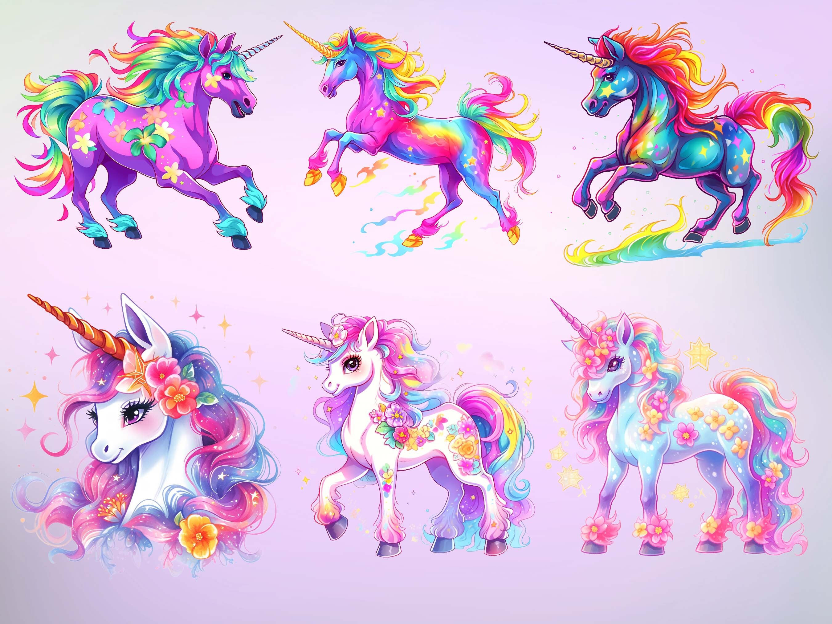 90's Neon Unicorns Clipart Bundle 20 PNG Graphics, Retro Unicorn PNG ...