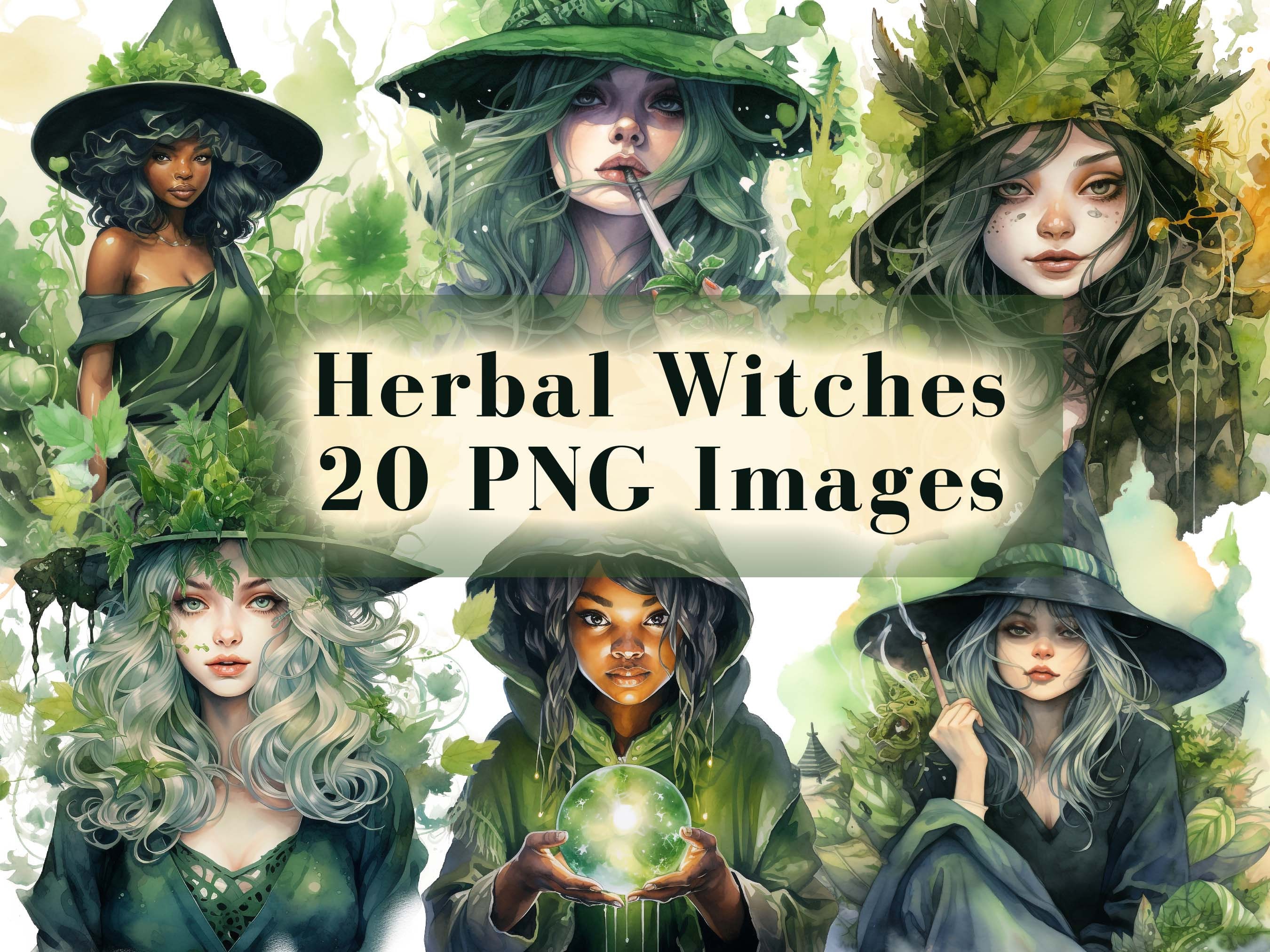 Herbal Witches Watercolor Clipart Bundle - 20 PNG Graphics, Fantasy ...