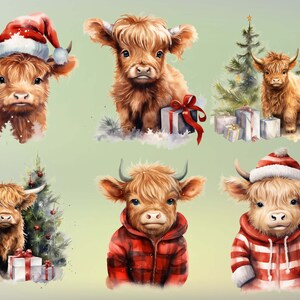Watercolor Christmas Highland Cows Clipart Bundle - 20 PNG Graphics for ...